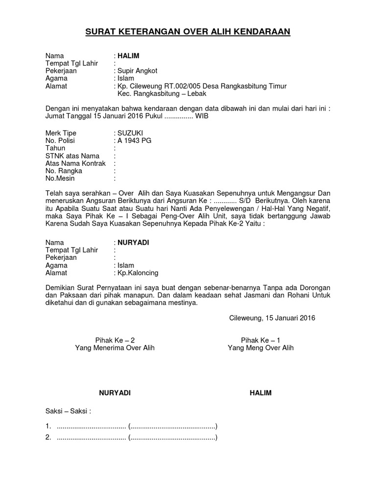 Surat Keterangan Over Alih Kendaraan | PDF