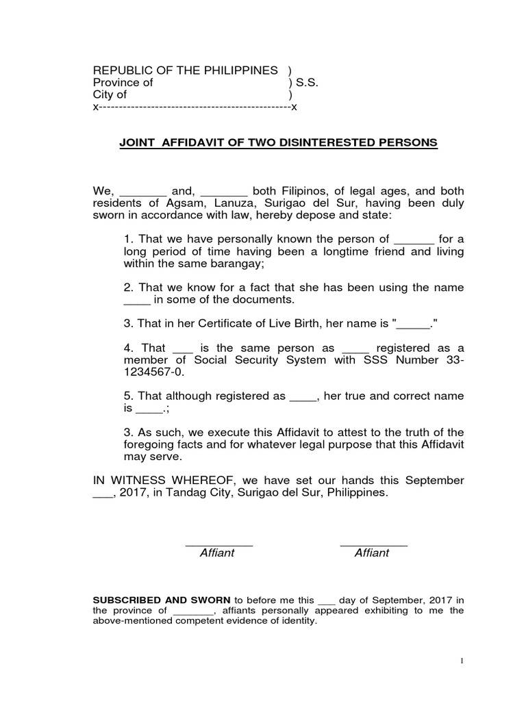 Affidavit of Two Disinterested Person | PDF | Affidavit | Civil Law ...