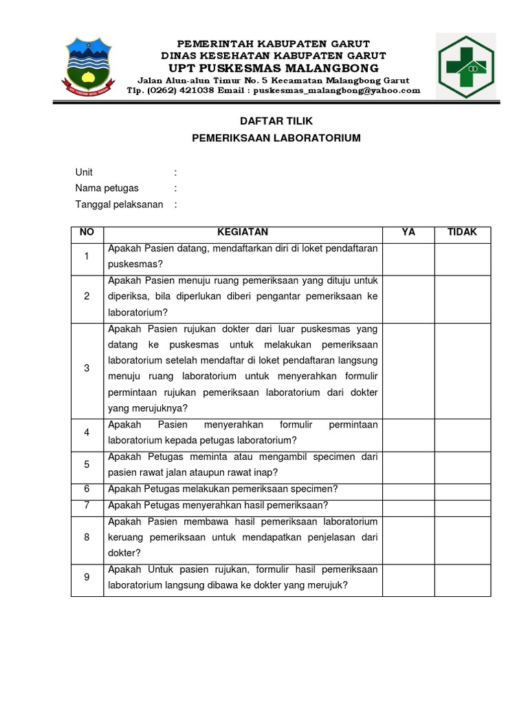 Daftar Tilik Pemeriksaan Laboratorium | PDF | Pengembangan Diri | Sains & Matematika