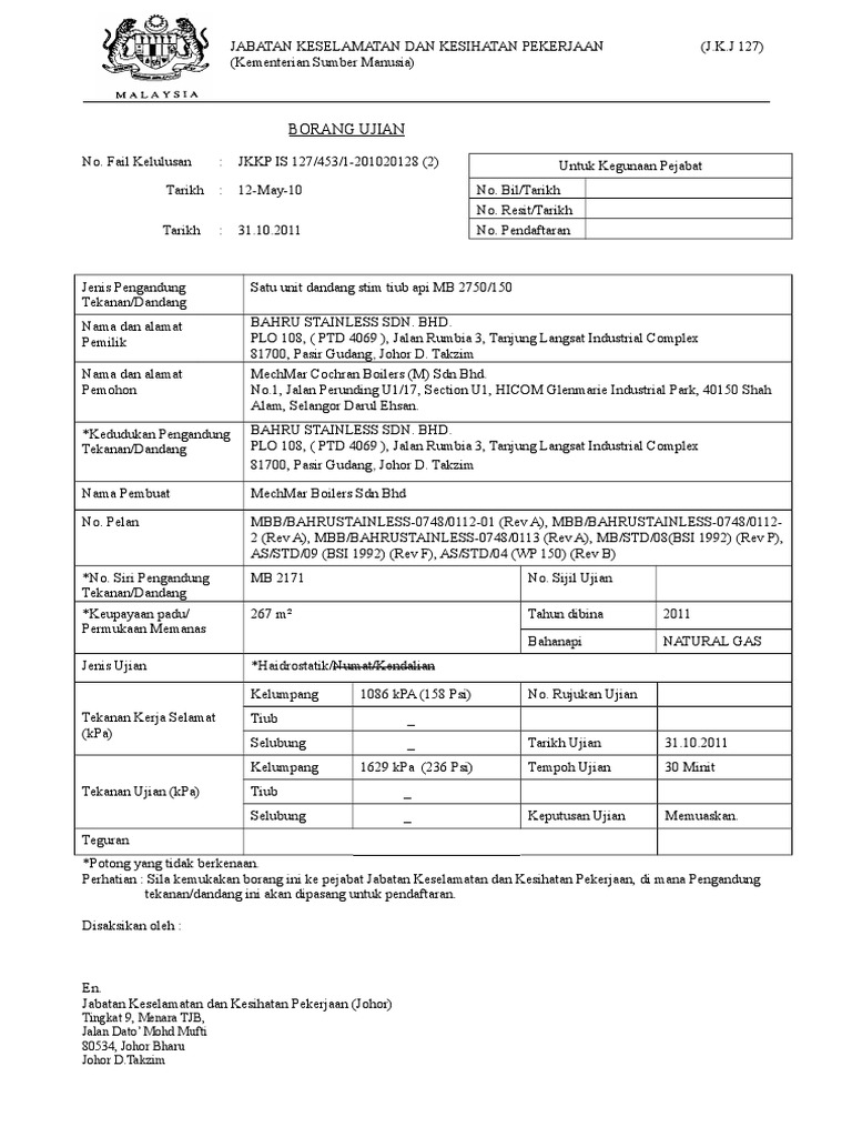 Borang Ujian J.K.J 127 untuk Dandang | PDF