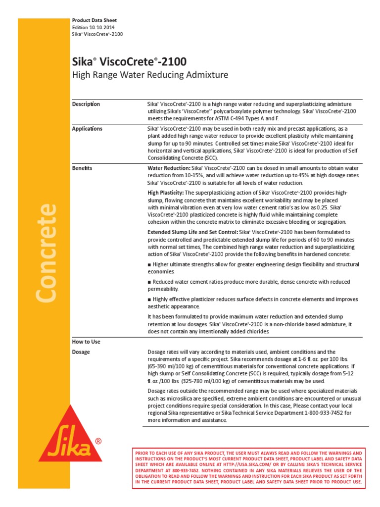 Tds CPD Sika ViscoCrete 2100 Us PDF | PDF | Concrete | Materials