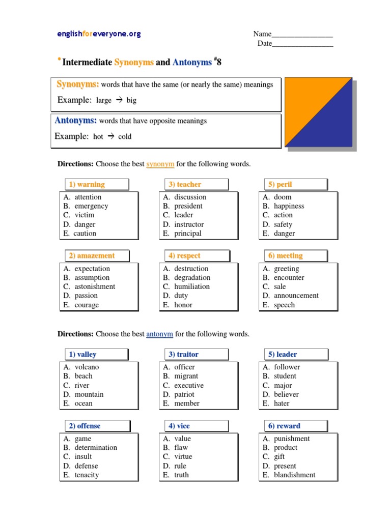 Intermediate Synonyms and Antonyms 8 | PDF