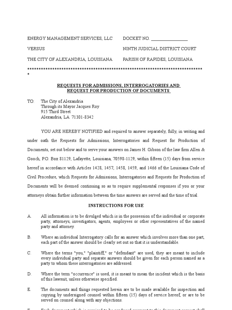 Requests For Admissions, Interrogatories and Request For Production of ...