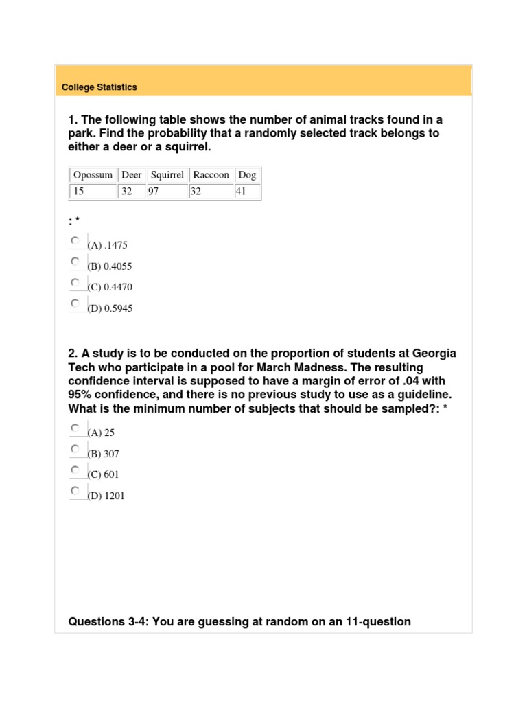 Intermediate Statistics Test Sample 2 | PDF | Confidence Interval ...