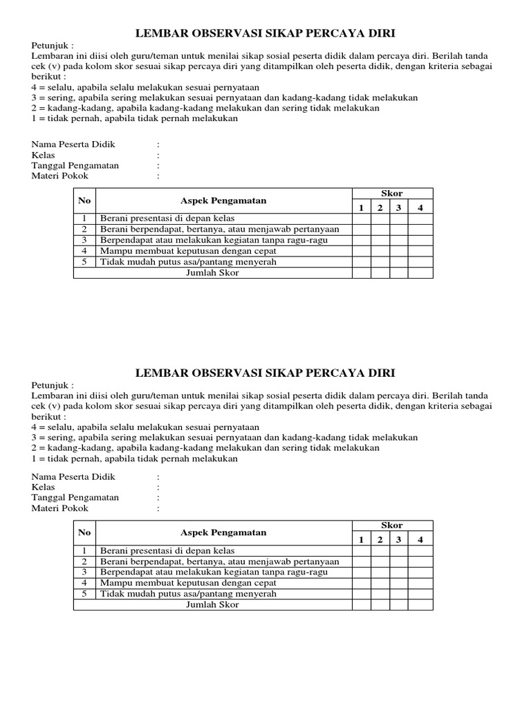 Lembar Observasi Sikap Percaya Diri | PDF