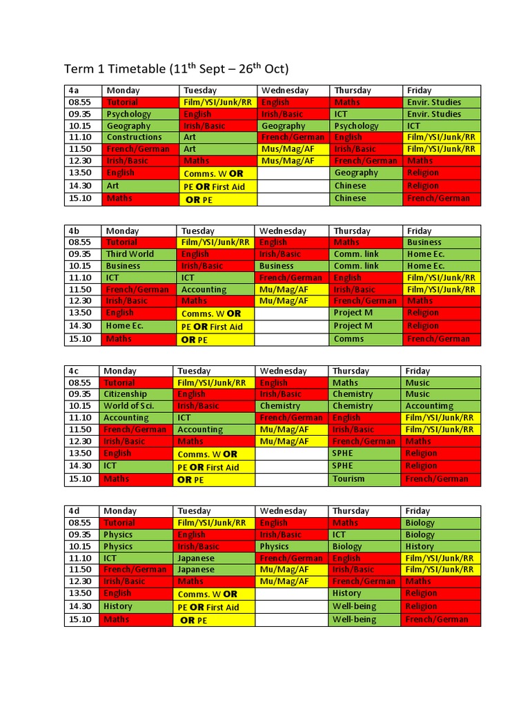 Term 1 Timetable | PDF
