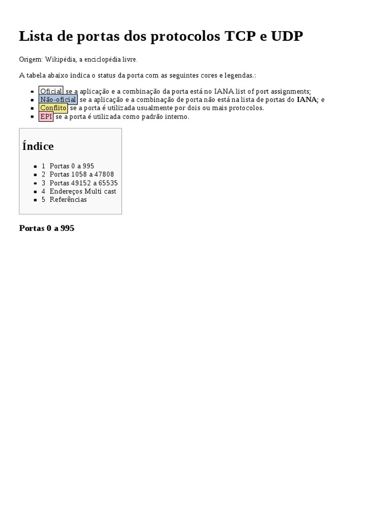 Lista de Portas Dos Protocolos TCP e UDP | PDF | Protocolo de transferência de arquivos ...