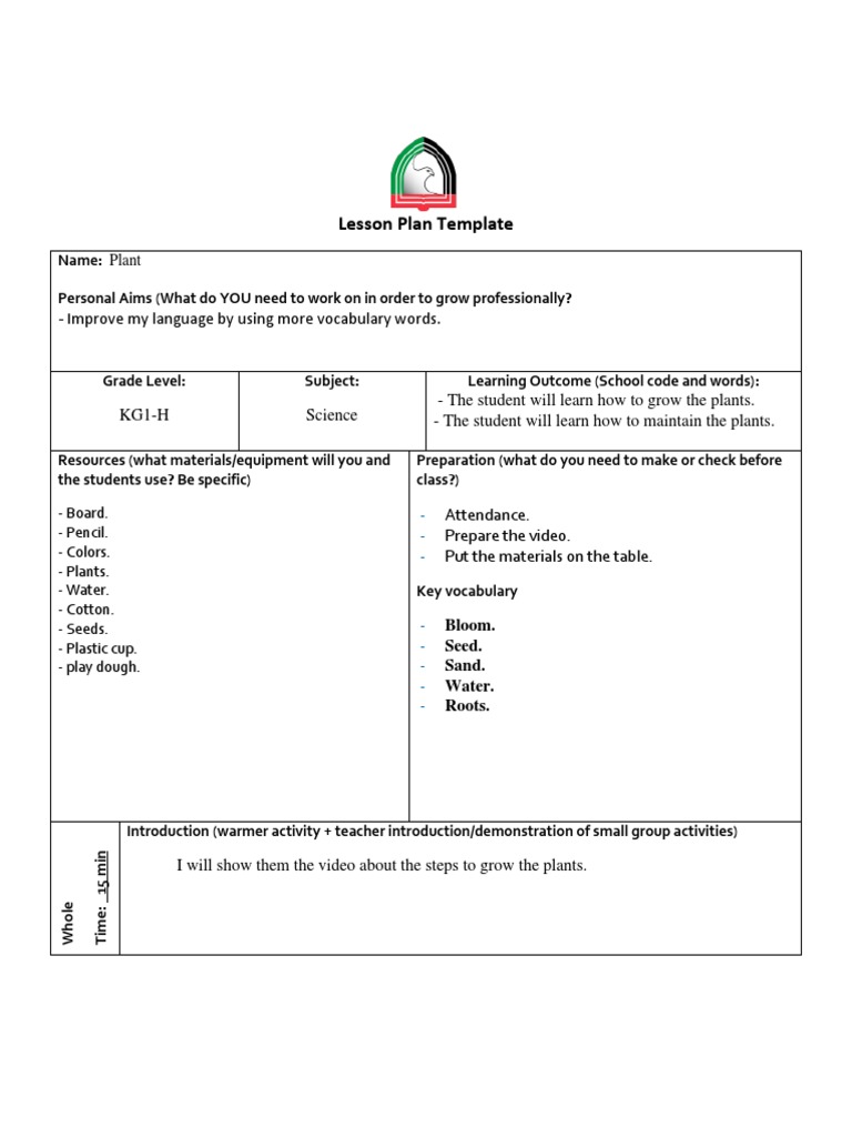 Lesson Plan Template: - Board. - Pencil. - Colors. - Plants. - Water ...