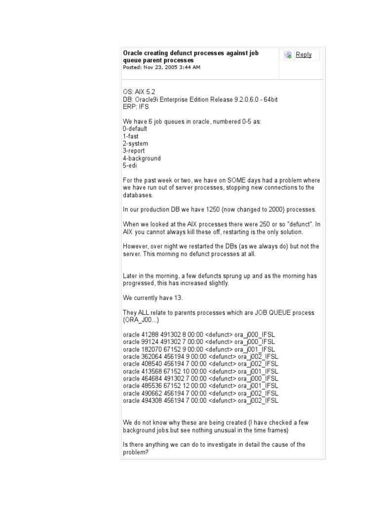Oracle Creating Defunct Processes | Download Free PDF | Oracle Database | Data Management
