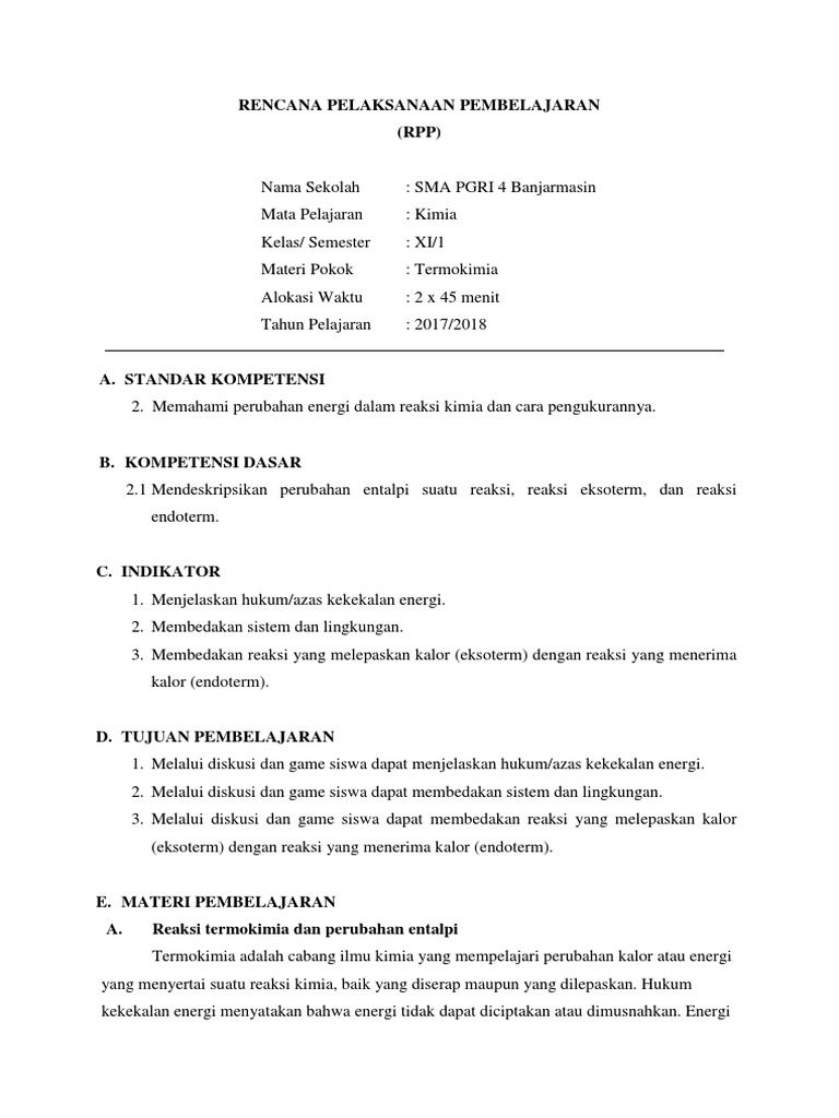 RPP Termokimia NHT | PDF