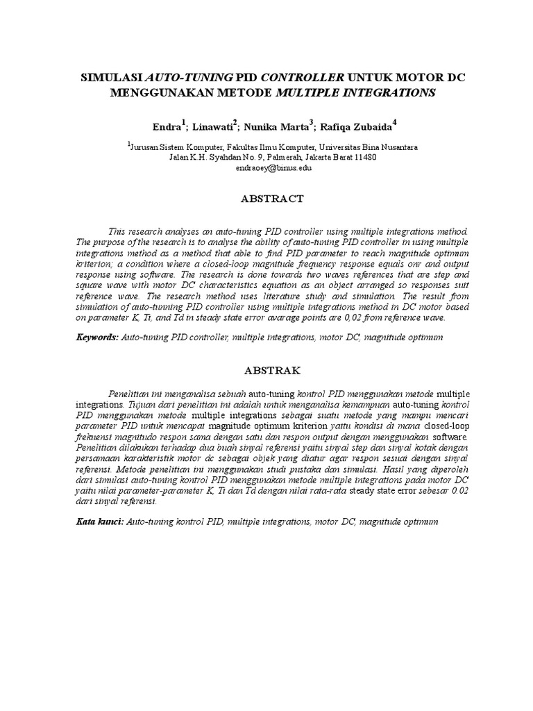 Simulasi Auto-Tuning PID Controller untuk Motor DC Menggunakan Metode Multiple Integrations | PDF