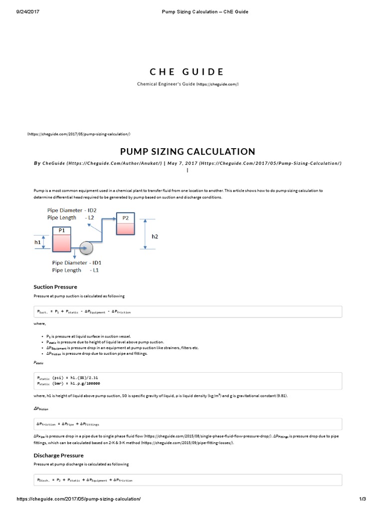 Pump Sizing Calculation – ChE Guide | Pump | Pressure