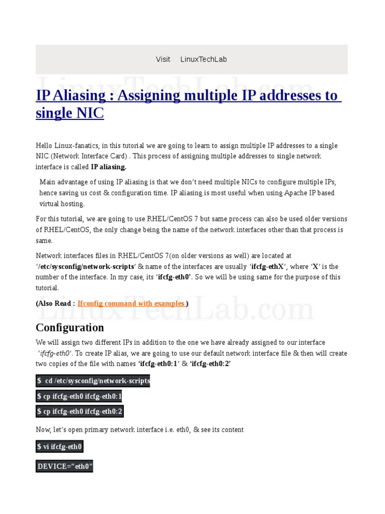 Ip Aliasing Assigning Multiple Ip Addresses To Single Nic Network Interface Controller Ip