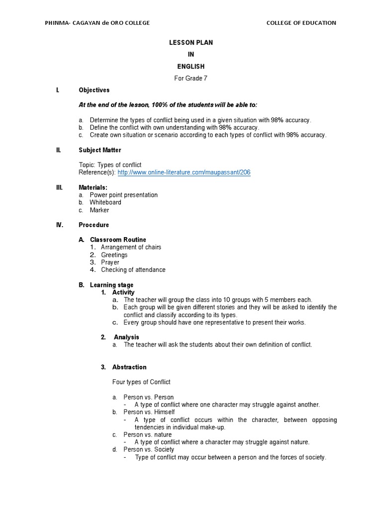 Types of Conflict Lesson Plan for Grade 7 | PDF | Lesson Plan | Pedagogy