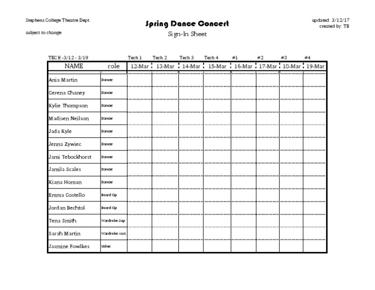 Spring Dance Concert: Sign-In Sheet | PDF