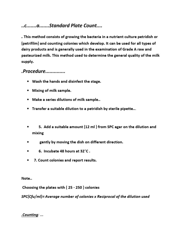 ..C....... A....... Standard Plate Count.... .: SPC (Cfu/ml) Average ...