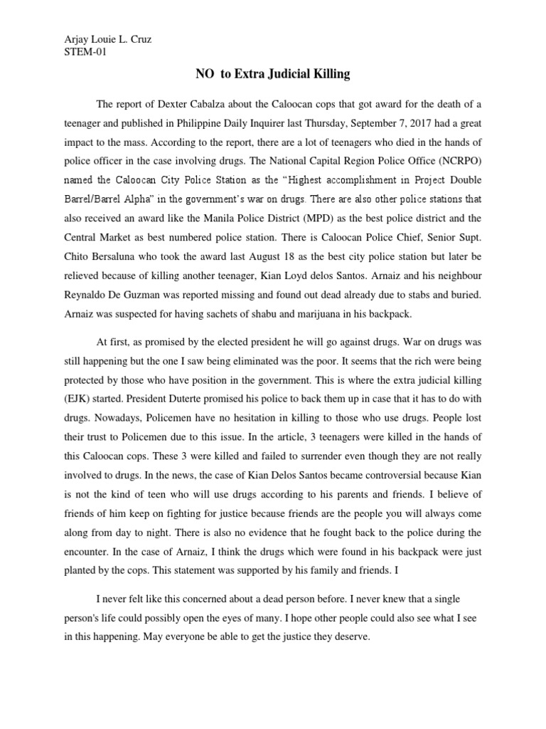 NO To Extra Judicial Killing Reaction Paper EAPP | PDF | Law ...