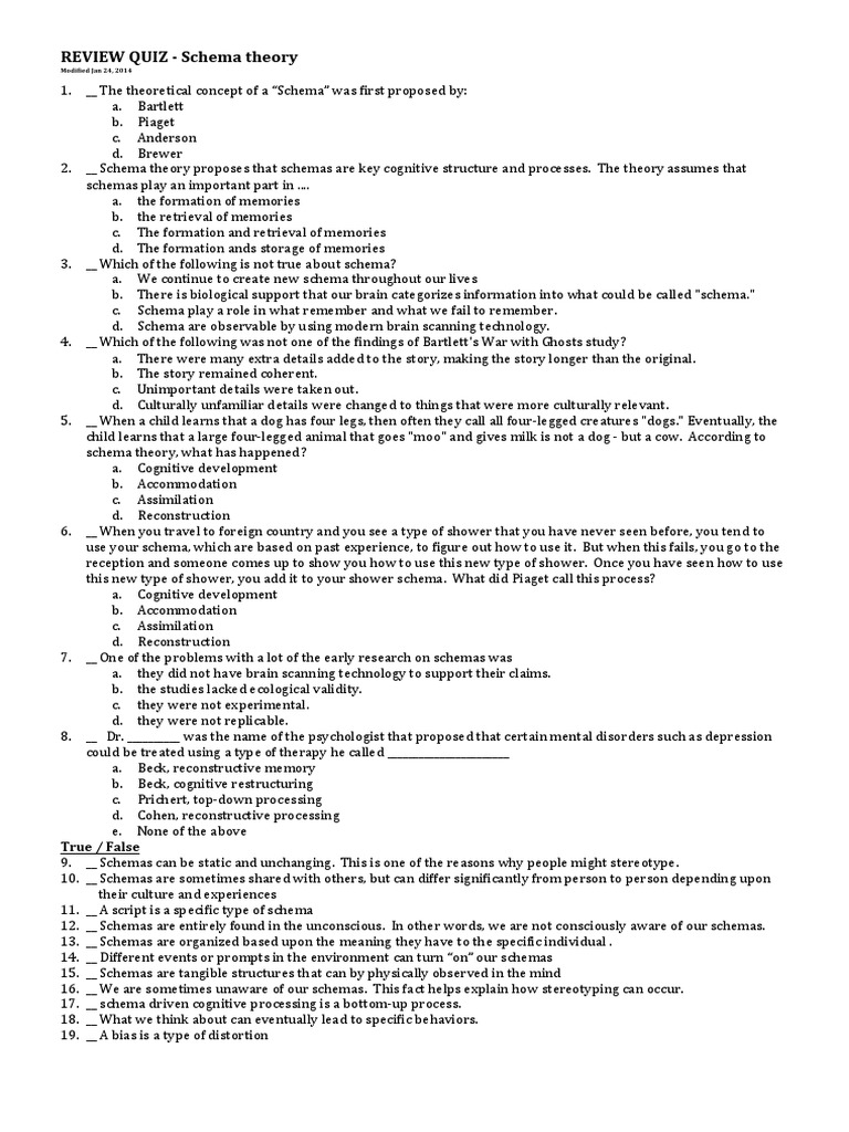 Schema Theory Quiz | PDF | Schema (Psychology) | Memory