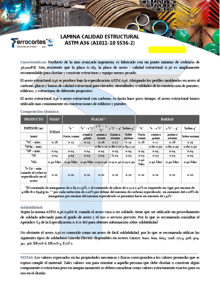 Ficha Técnica del Acero ASTM A36 | PDF | Acero estructural | Acero