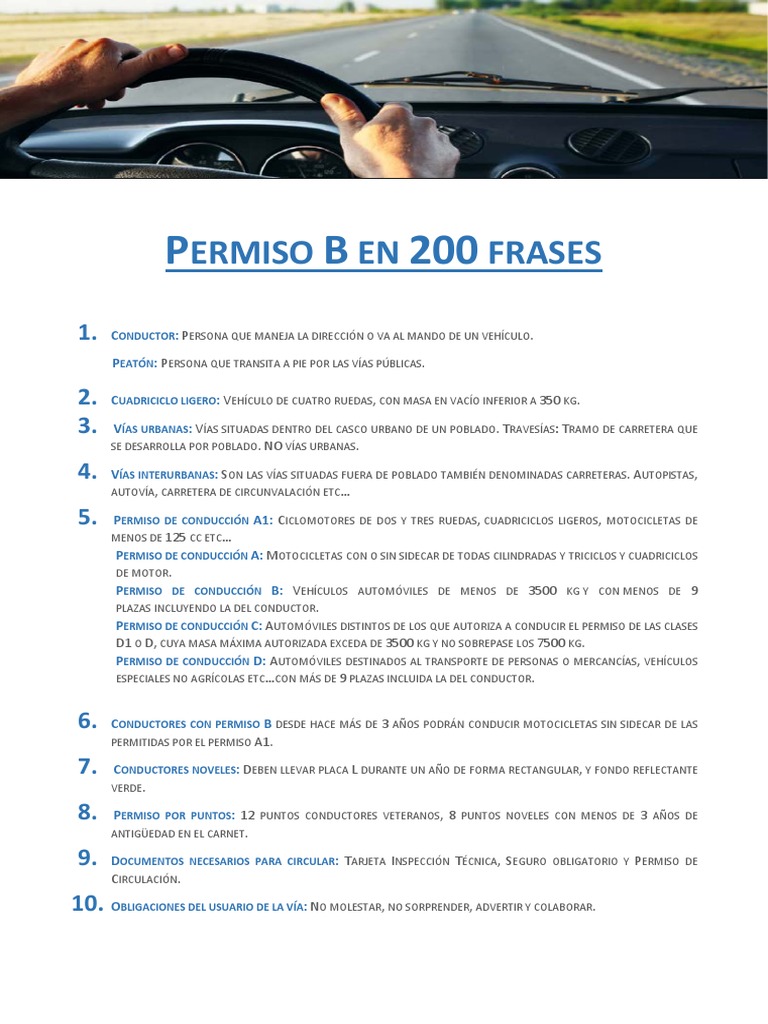 Resumen DGT Permiso B en 200 Frases PDF | PDF | Licencia de conducir | Transmisión (Mecánica)