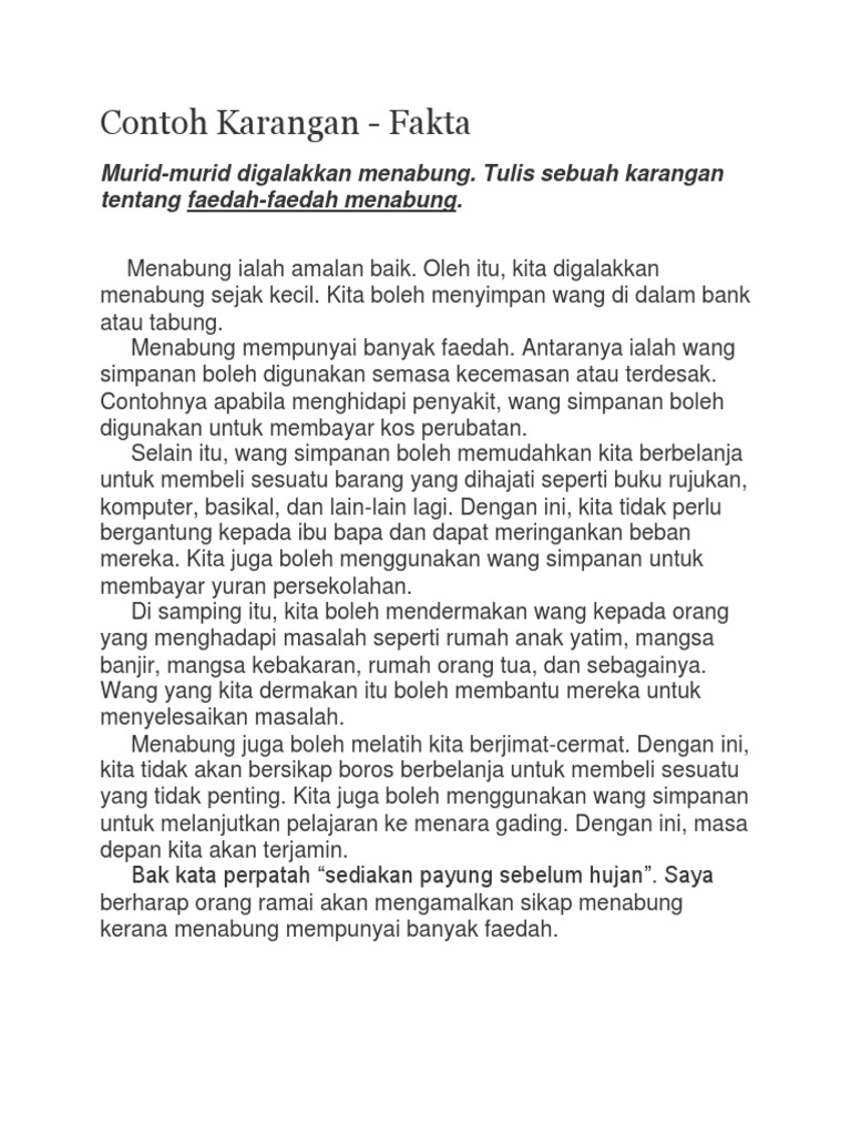 Contoh Karangan Faedah Menabung | PDF
