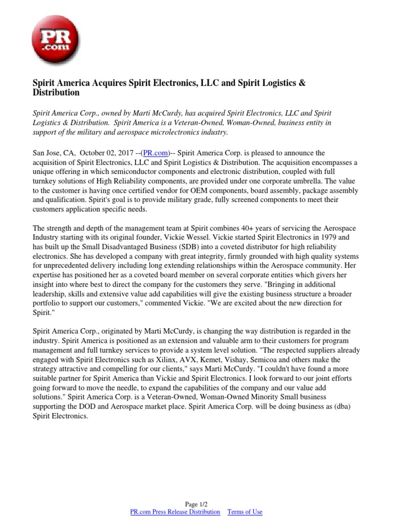Spirit America Acquires Spirit Electronics, LLC and Spirit Logistics ...