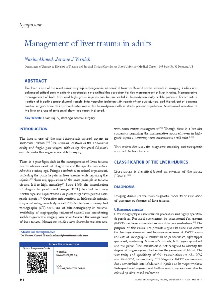 Management of Liver Trauma in Adults: Nasim Ahmed, Jerome J Vernick ...