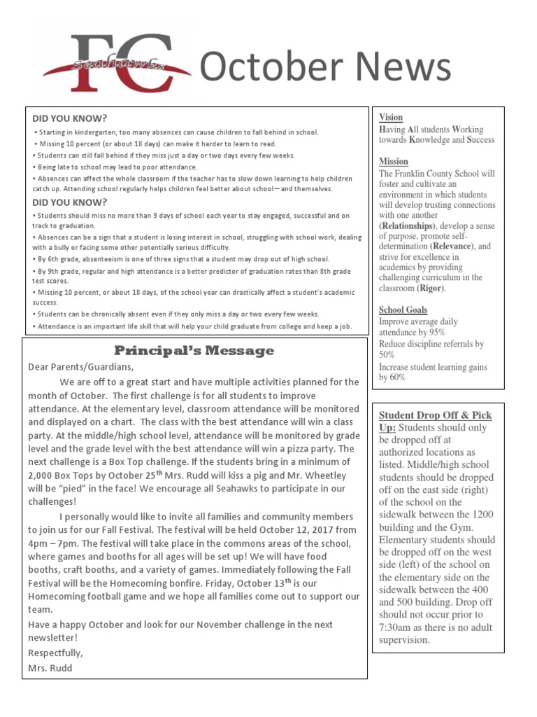 October News: Principal's Message | PDF | Classroom | Quality Of Life
