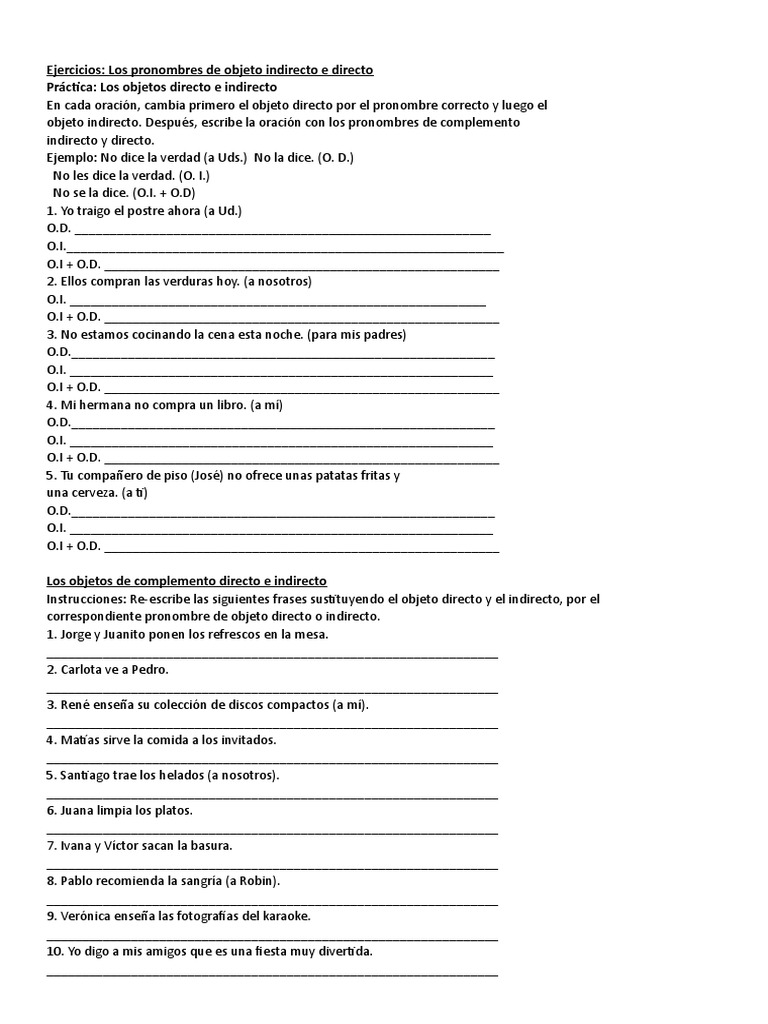 Ejercicios Repaso de Pronombres Objeto y Reflexivos Ediane | Objeto ...