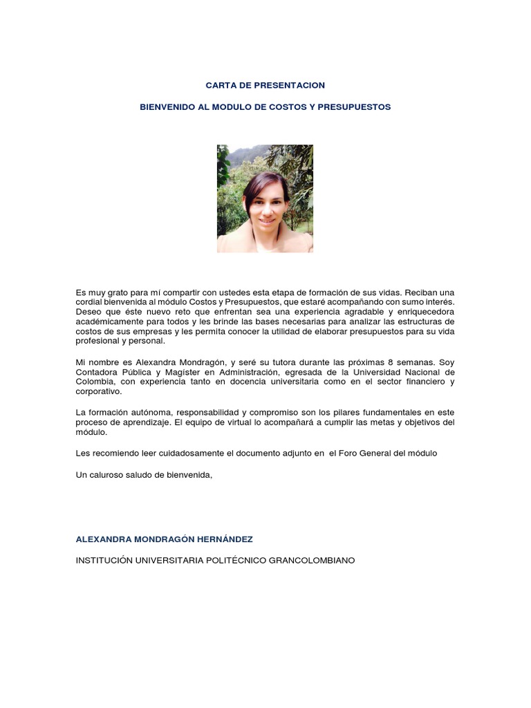 EJEMPLO de Carta de Presentaci-N Jaime Rafael Castro COSTOS Y PRESUPUESTOS | PDF | Aprendizaje ...