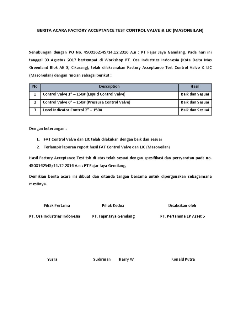 Berita Acara Factory Acceptance Test Control Valve | PDF