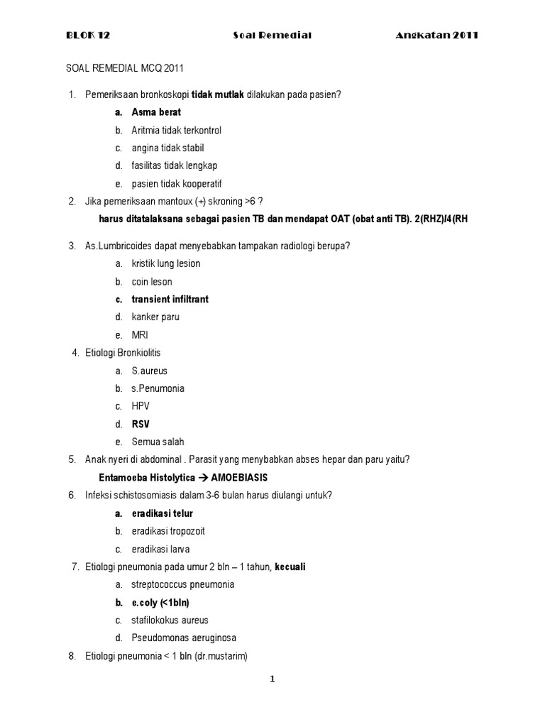 Soal Remedial MCQ Blok 12 2011 | PDF
