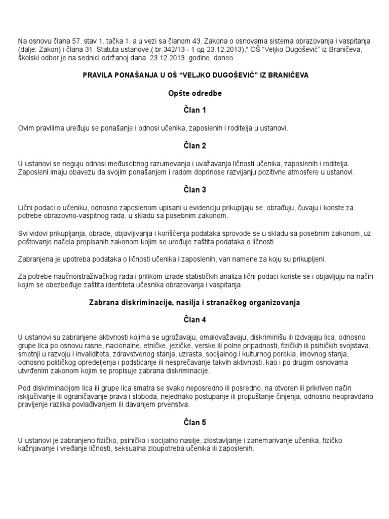 Pravila Ponasanja U Ustanovi | PDF