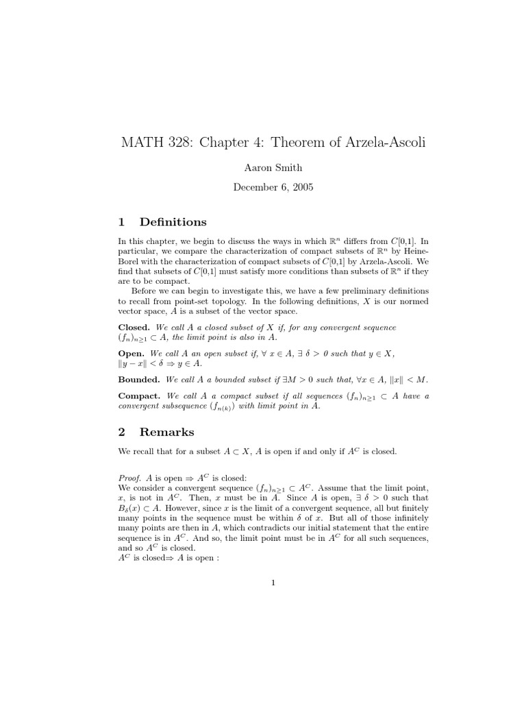 MATH 328: Chapter 4: Theorem of Arzela-Ascoli: 1 Definitions | PDF ...