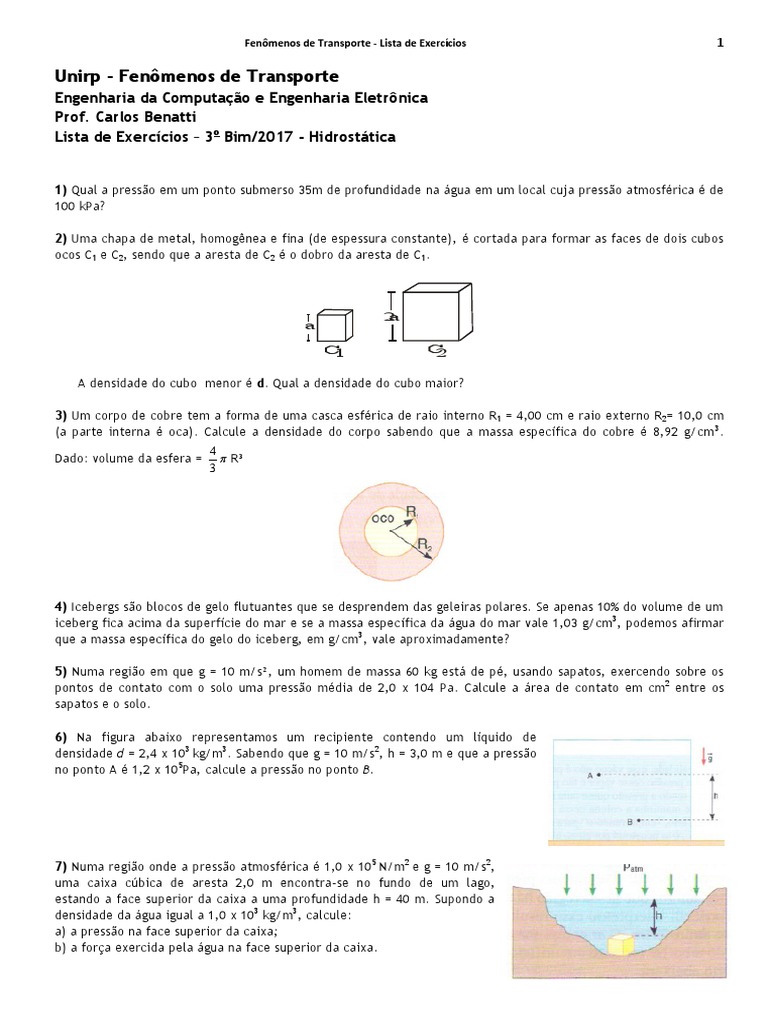 Lista de Exerc - FT - Hidrostatica | PDF | Flutuabilidade | Fases da Matéria