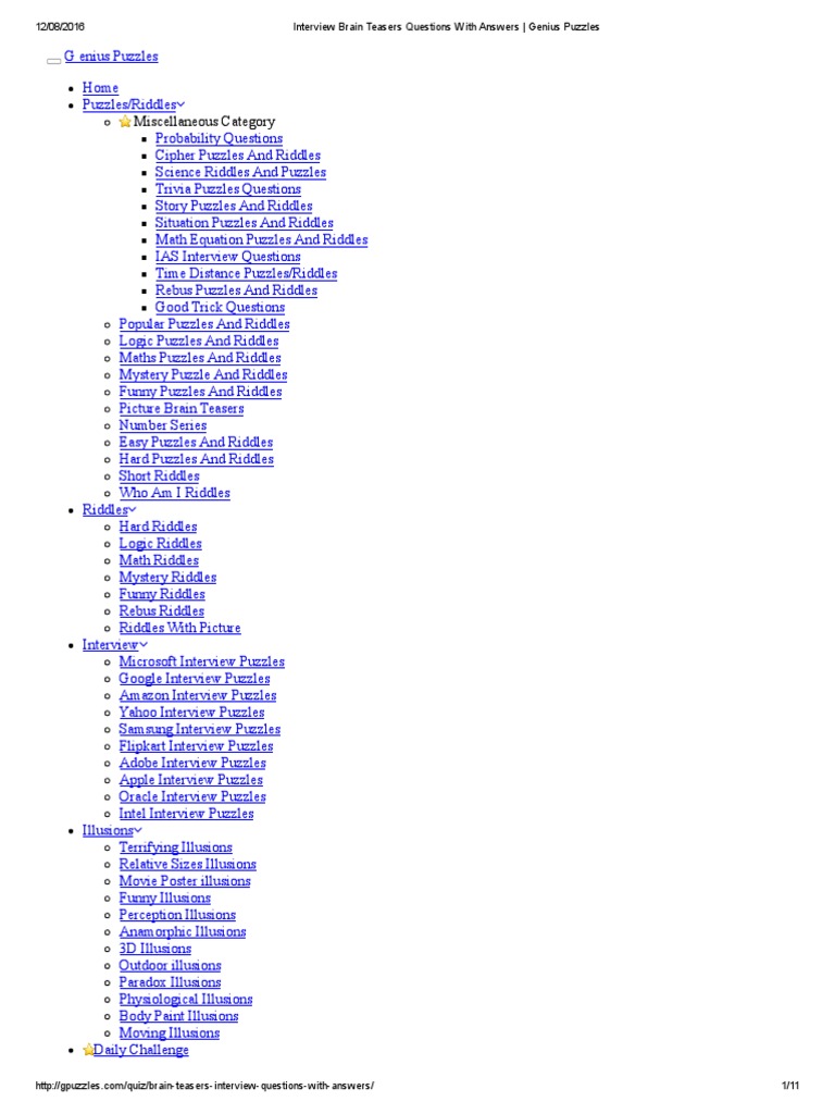 Interview Brain Teasers Questions With Answers - Genius Puzzles PDF ...