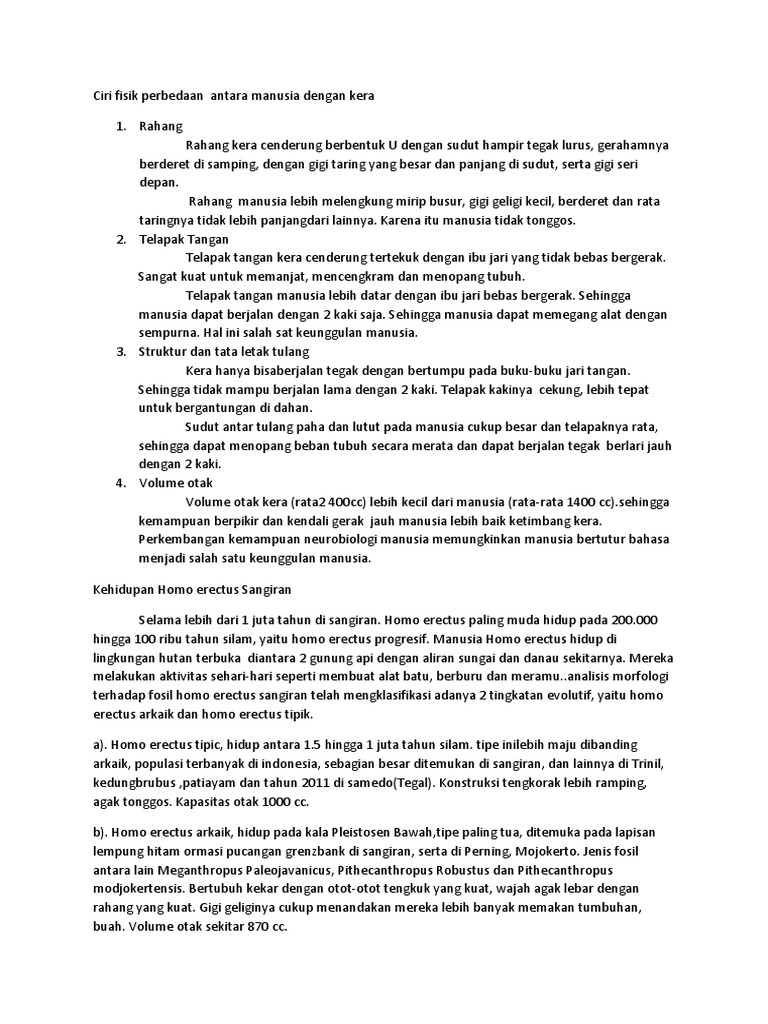 Ciri Fisik Perbedaan Antara Manusia Dengan Kera | PDF