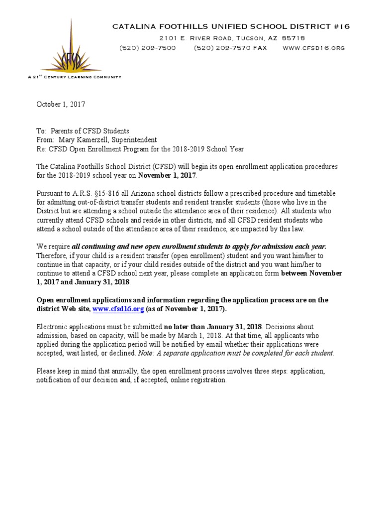 2018-2019 Parent Letter Re Open Enrollment | PDF