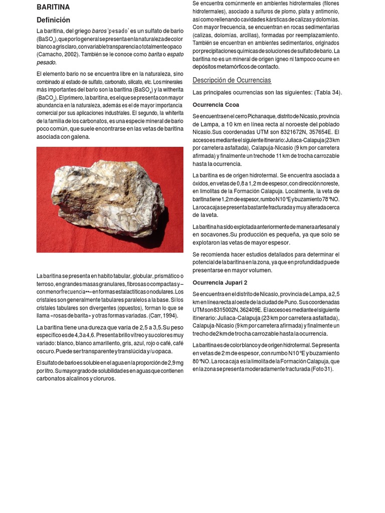 Baritina: Propiedades, Usos y Ocurrencias | PDF | Aluminio | Minerales