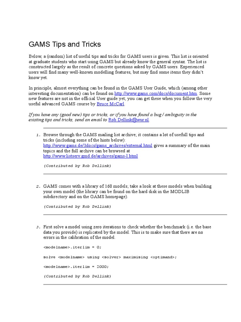 Gams Tips and Tricks | PDF | Mathematical Optimization | Variable (Computer Science)