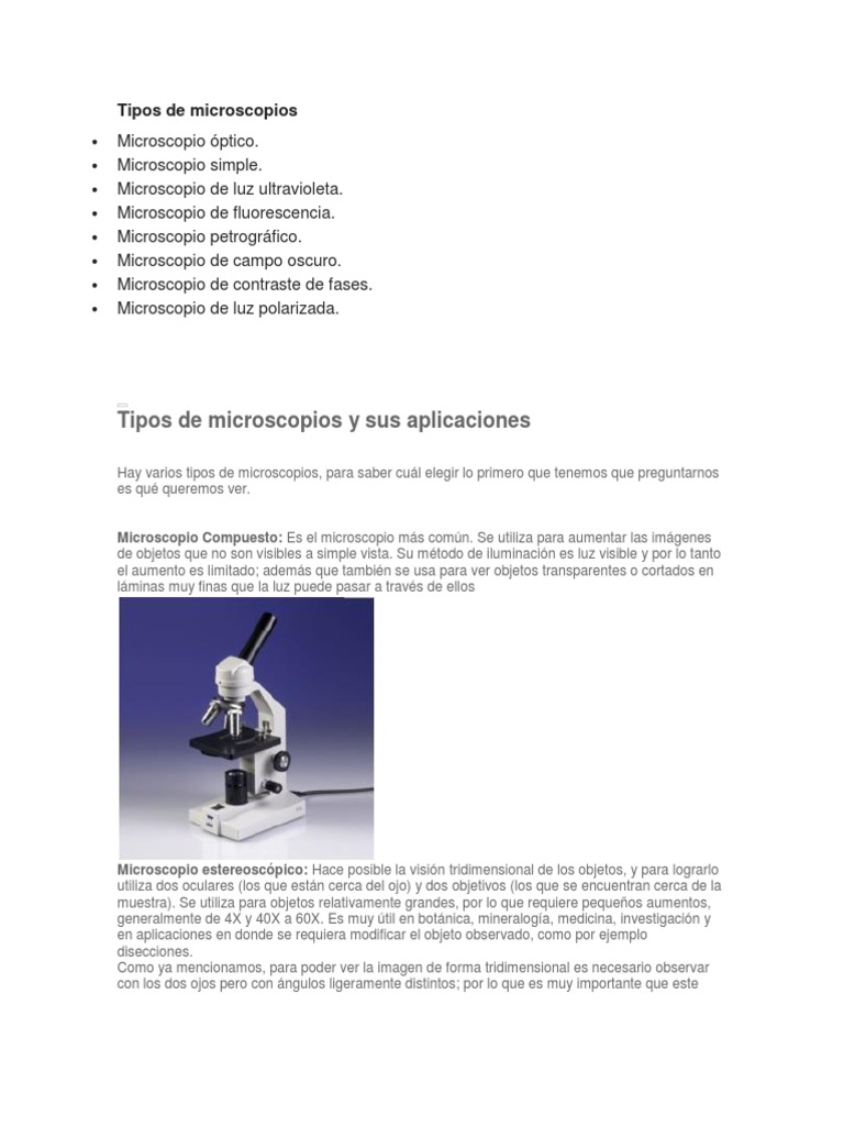 Tipos de microscopios y sus usos | PDF | Microscopio | Biología Celular)