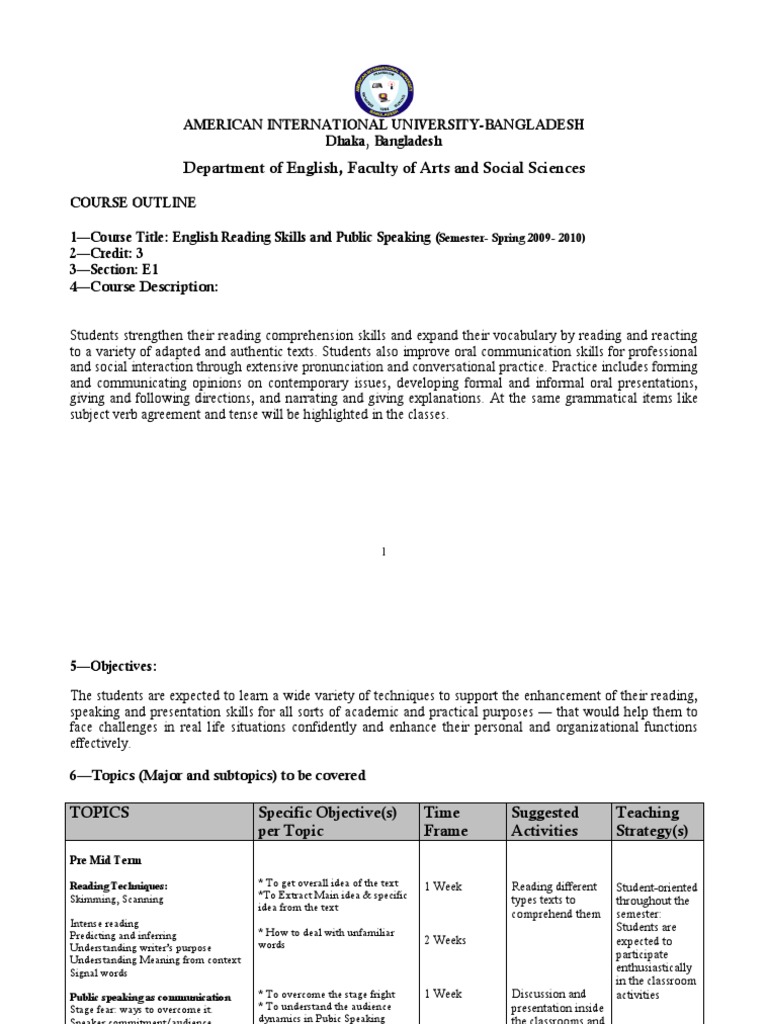 Eng101-English Reading and Public Speaking Course Outline | PDF ...