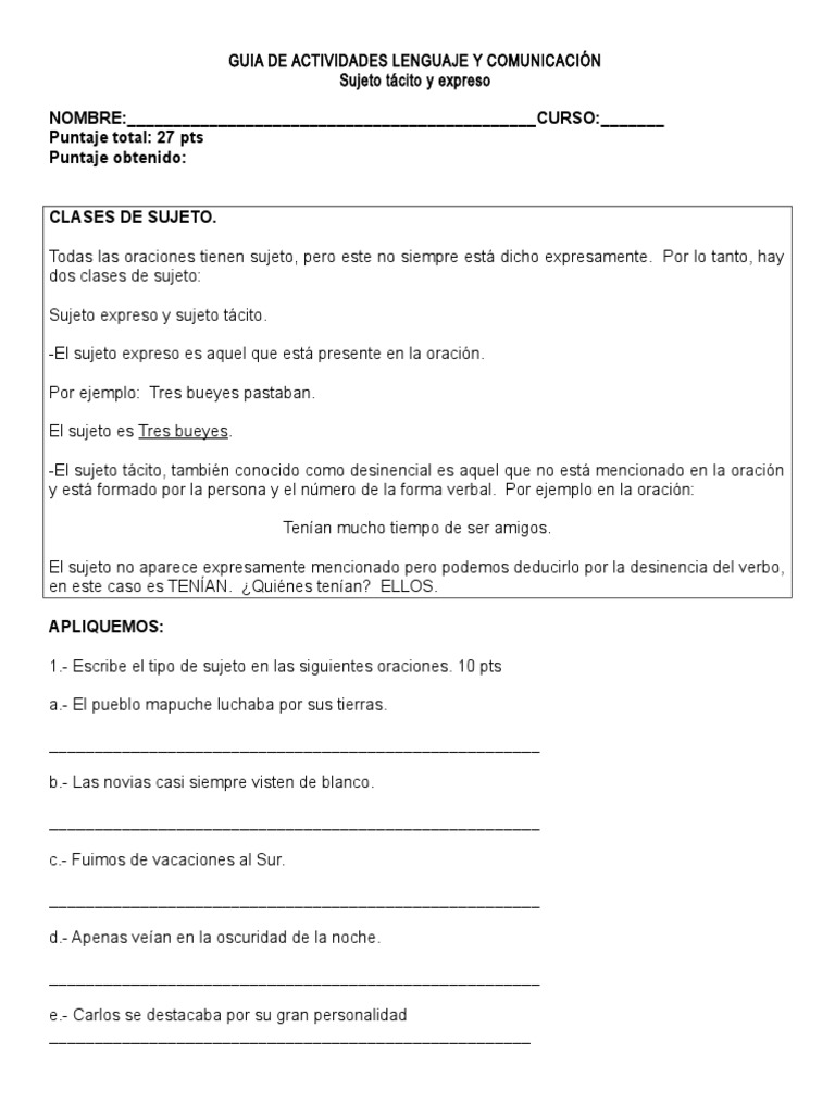 Ejercicios de Sujeto Tácito y Expreso | PDF | Asunto (gramática) | Verbo