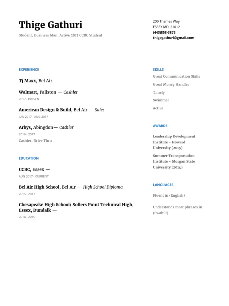 Thige Gathuri: TJ Maxx, Bel Air Walmart, Fallston - Cashier | PDF