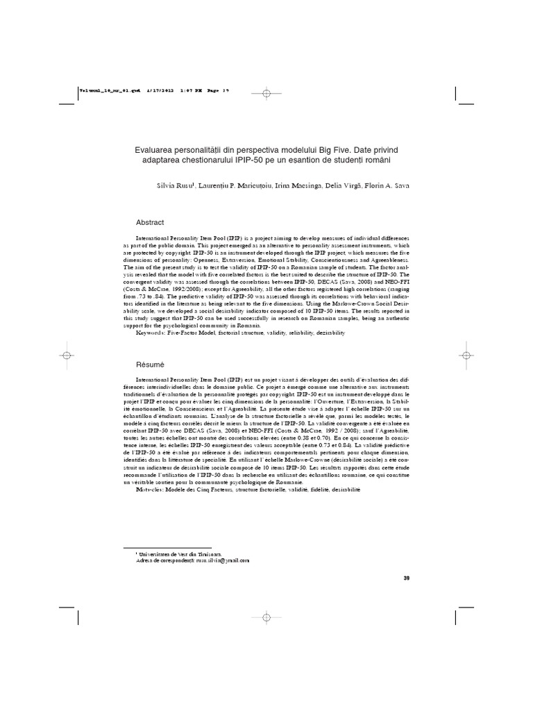 Evaluarea Personalitãtii Din Perspectiva Modelului Big Five. Date Privindad Aptarea ...