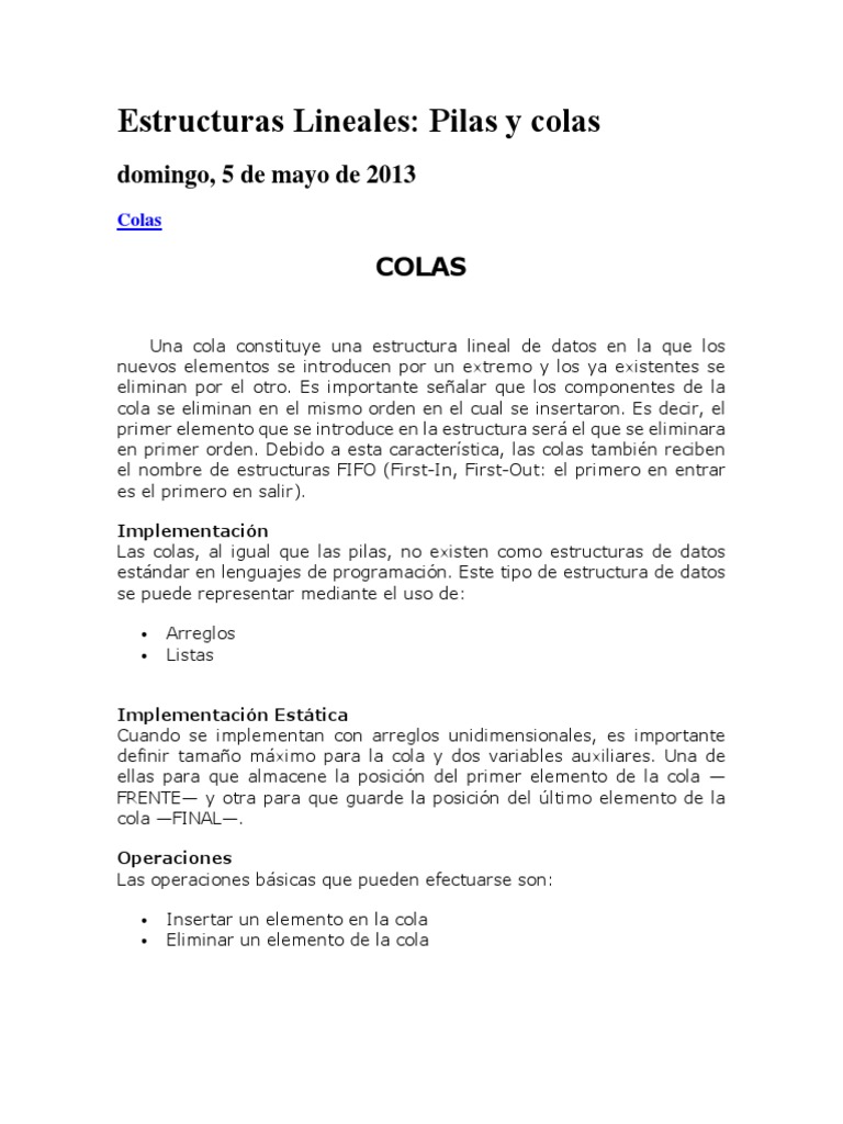 Estructuras Lineales | PDF | Cola (tipo de datos abstractos ...
