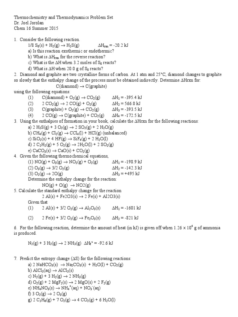 Thermochemistry & Thermodynamics Set | PDF | Gibbs Free Energy ...