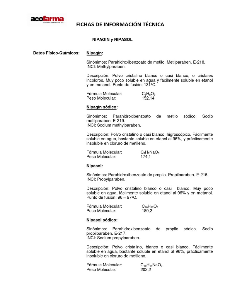 Información Técnica sobre Nipagín y Nipasol | PDF | Cocina, comidas y vino