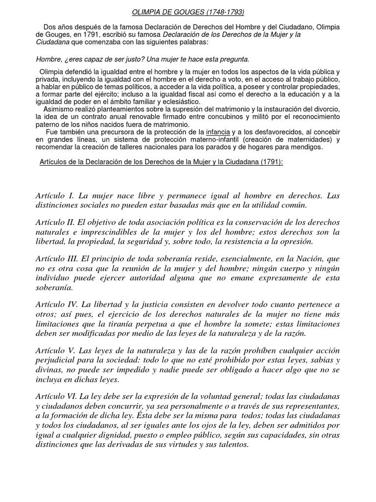 Olimpia de Gouges | PDF | Derechos de las mujeres | Discriminación y relaciones raciales