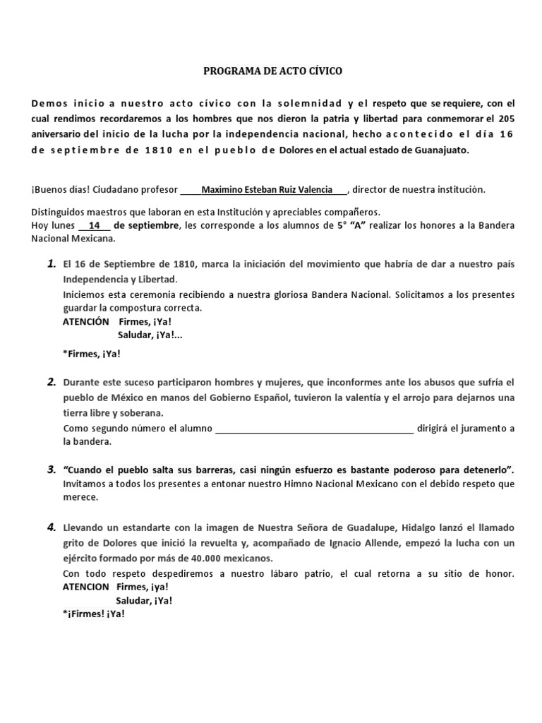 PROGRAMA DE ACTO CÍVICO 16 DE SEPTIEMBRE.docx | México | Personas